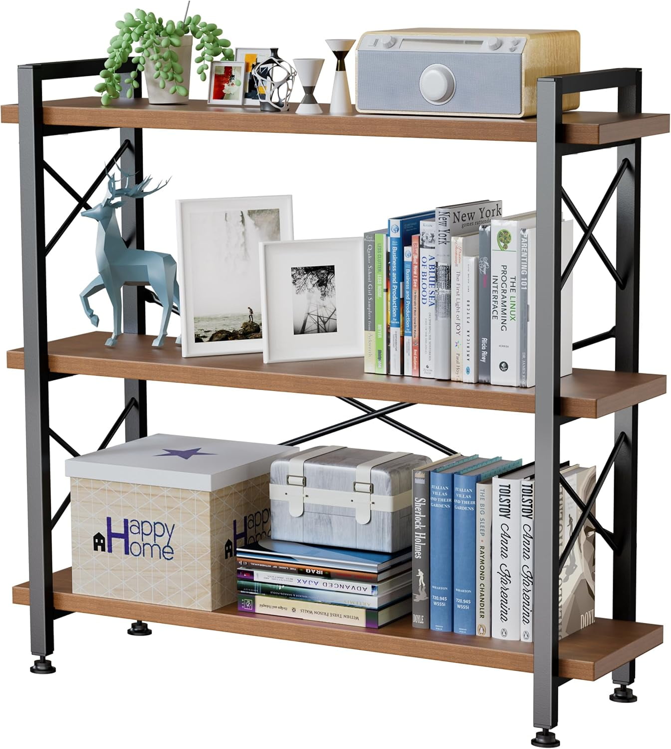 Bookshelf 3 Tier,Industrial Bookcase,Wood Shelves,Short Bookshelf ...