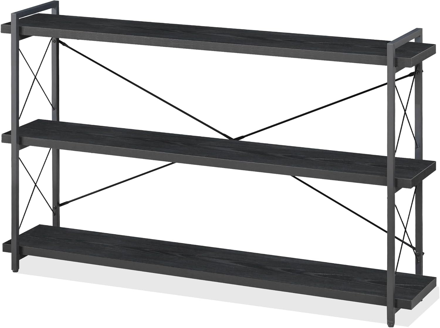 Bookshelf, 3-Tier Long Industrial Bookcase, Black Open Book Shelf ...
