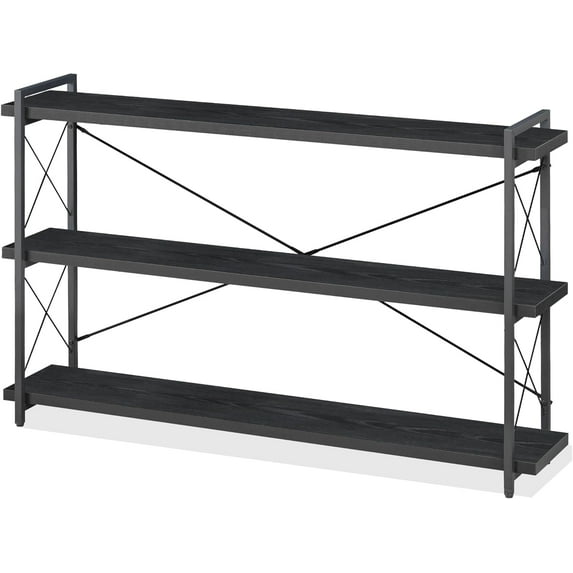 Bookshelf, 3-Tier Long Industrial Bookcase, Black Open Book Shelf ...