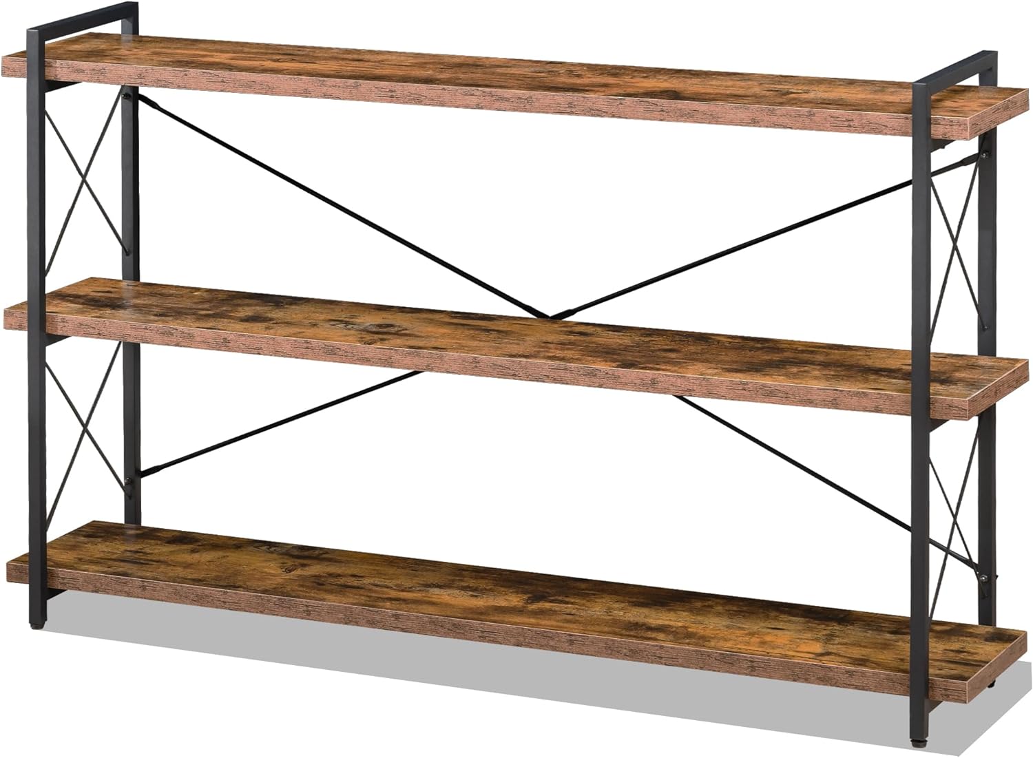 Bookshelf, 3-Tier Long Industrial Bookcase, Rustic Open Book Shelf ...