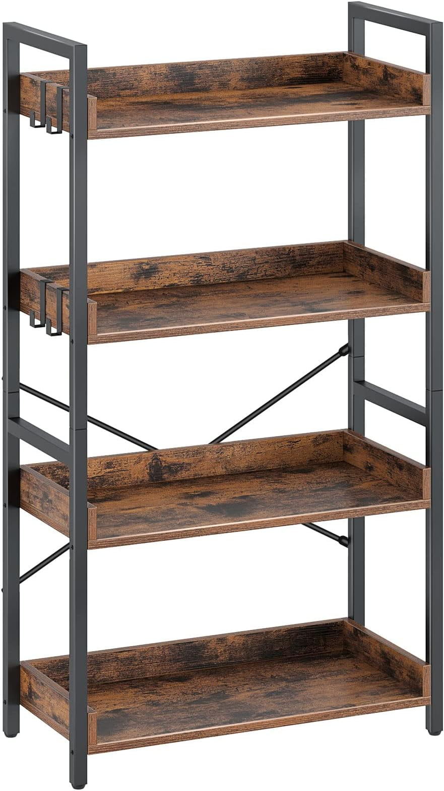 Bookshelf 4 Tier with 4 Hooks, Industrial Bookcase, Storage Rack with ...