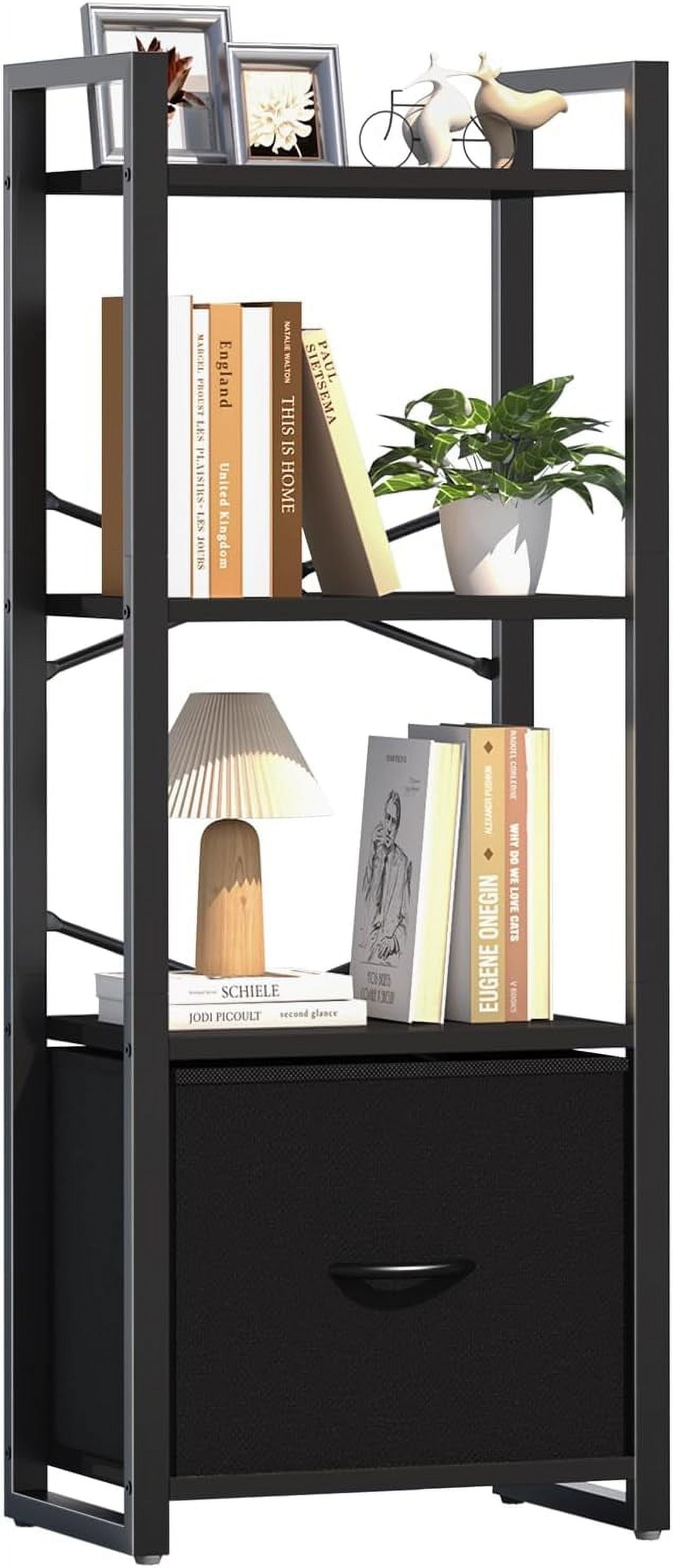 Bookshelf, 4 Tier Book Shelf with Drawer, Small Bookcase Narrow Book ...