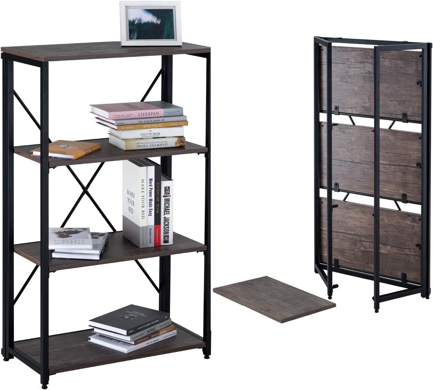 Bookshelf, 4-Tier Folding Bookcase, Industrial Book Shelf, Rustic Wood ...
