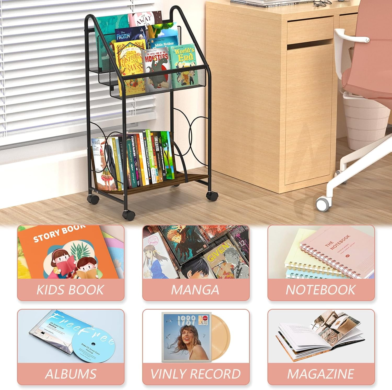 Bookshelf, 4-Tier Metal & Wood Rolling Book Cart on Wheels, Record ...