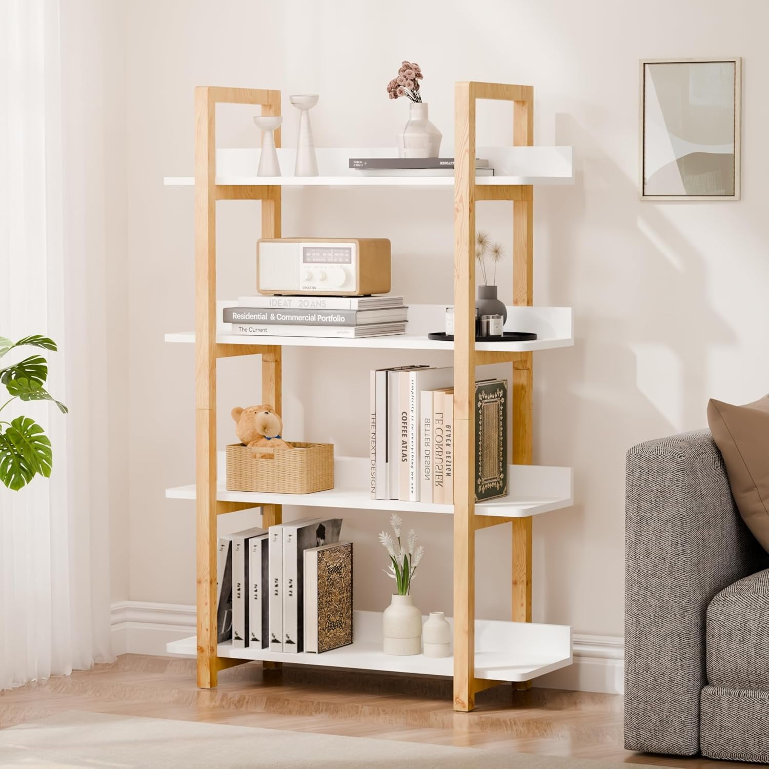 Bookshelf, 4 Tier Standing Book Shelf, Small Wooden Display Bookcase ...