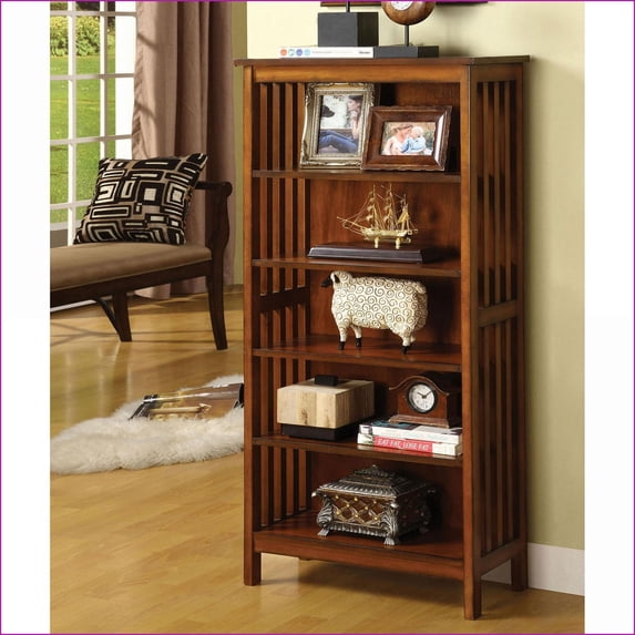 Bookshelf, 5-Shelf Solid Wood Transitional Media Shelf with Antique Oak ...