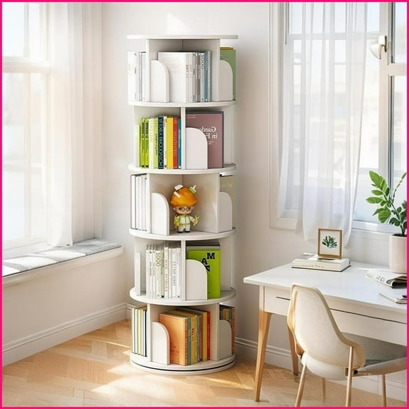 Bookshelf, 5 Tier 360° Rotating Space-Saving Tower | Warm White ...