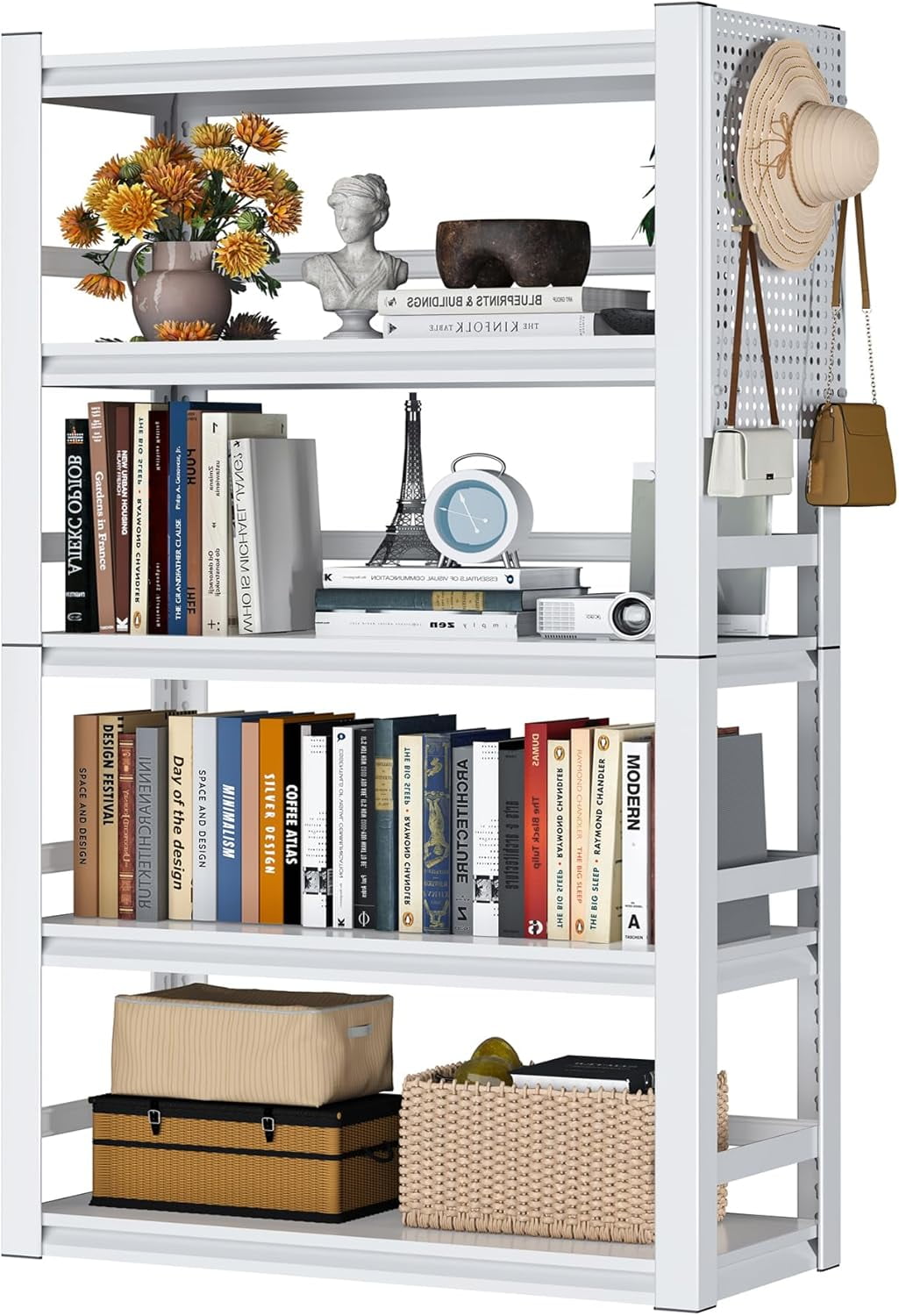 Bookshelf,5-Tier Adjustable Book Shelf with Bookends,White Metal ...
