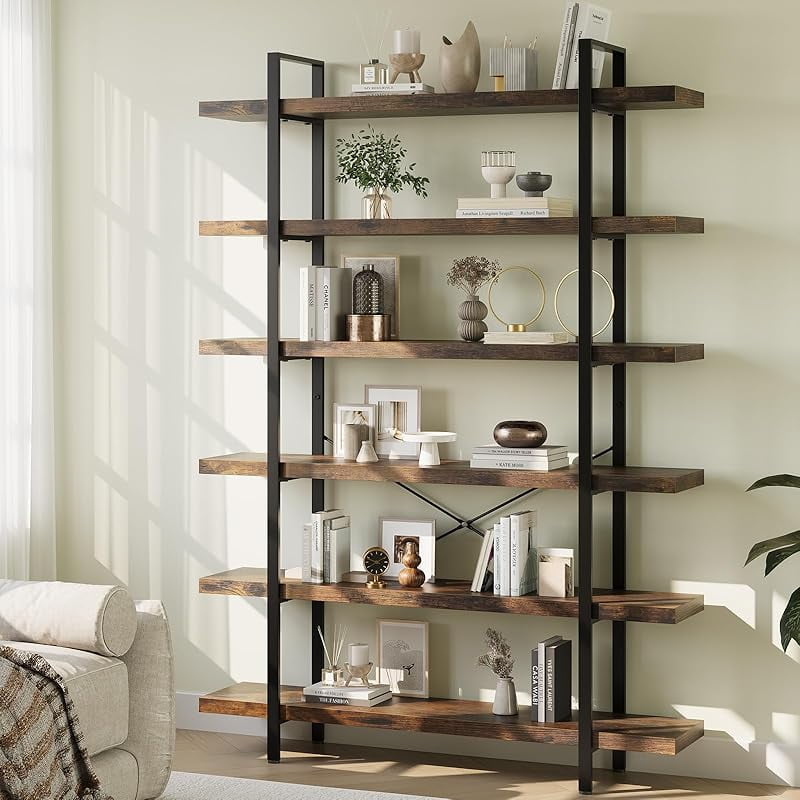 Bookshelf, 5 Tier Book Shelf, Industrial Bookcase for Home and Office ...
