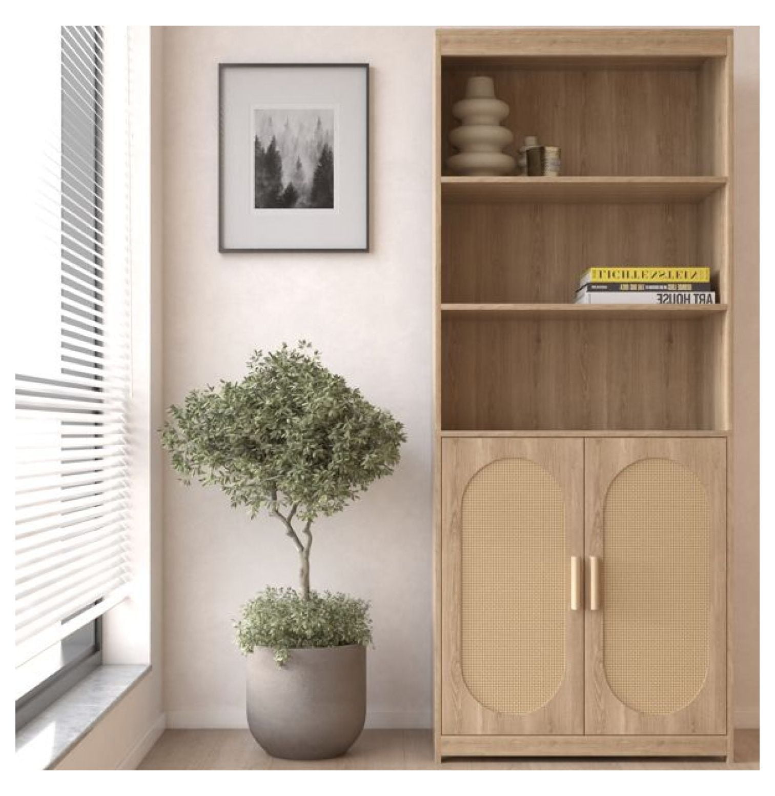 Bookshelf 5 Tier Book Shelf Rattan Tall Bookcase with Doors Storage ...