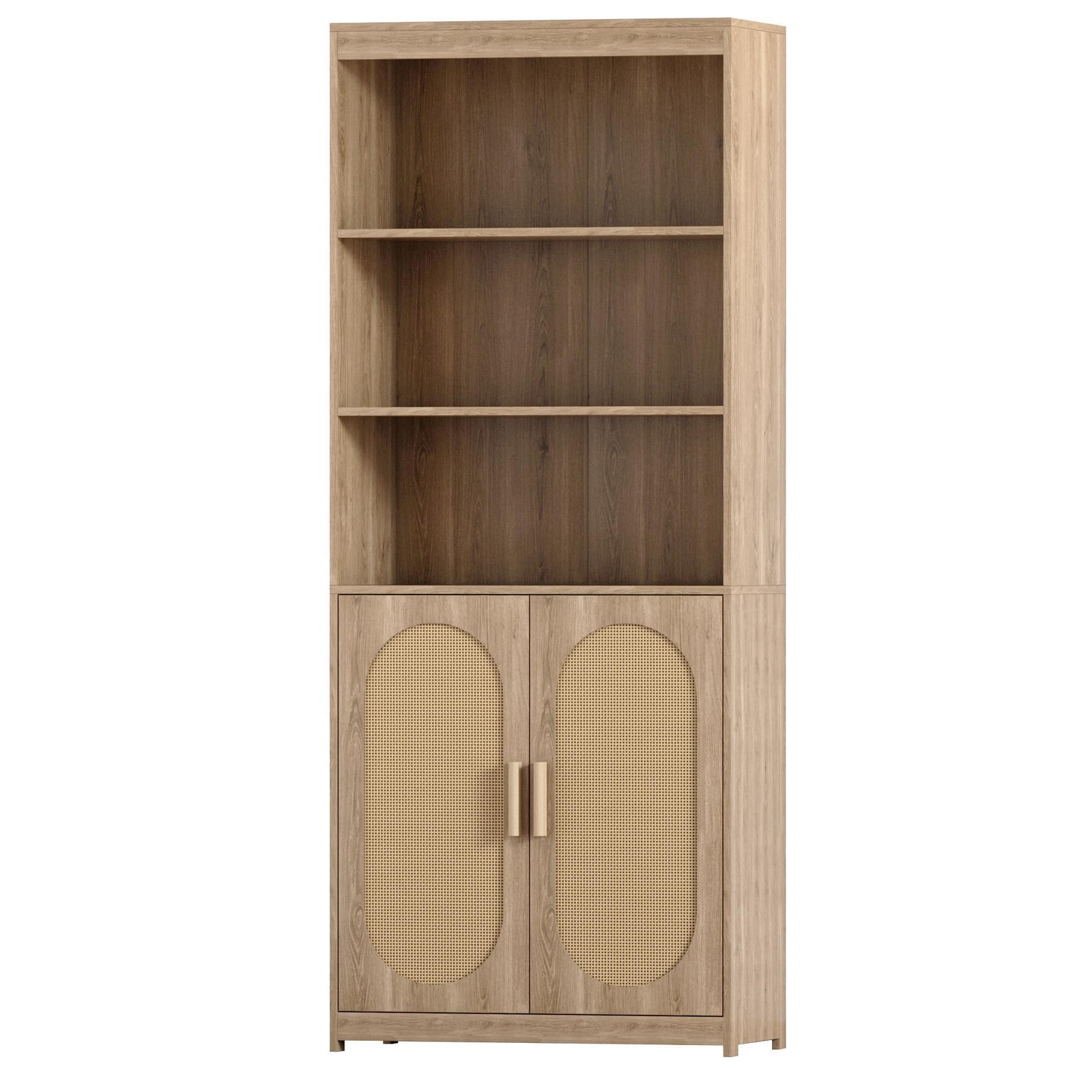 Bookshelf 5 Tier Book Shelf Rattan Tall Bookcase with Doors Storage ...