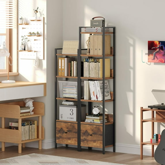Bookshelf, 5-Tier Bookcase with Drawer, Small Book Shelf for Small ...