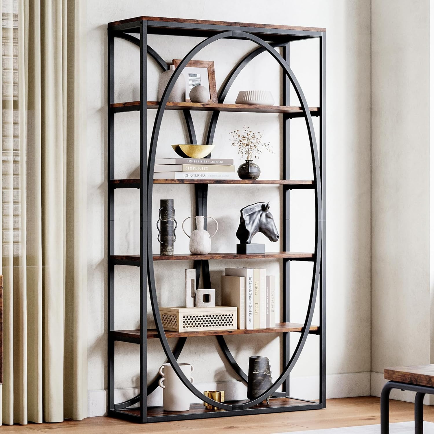 Bookshelf, 5-Tier Bookcase with Geometric Reinforcement, Tall Etagere ...