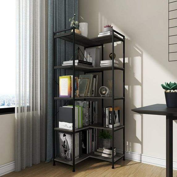 Bookshelf 5 Tier Deformable Corner Bookcase Free Standing Modern ...