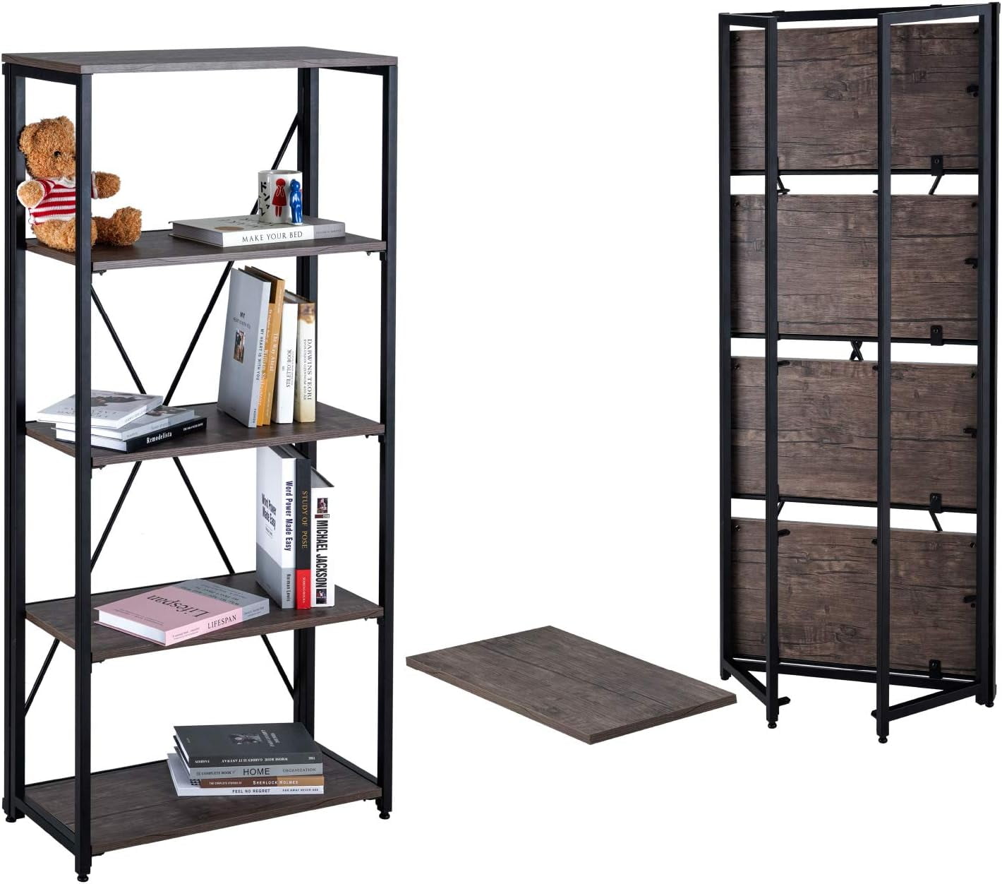 Bookshelf, 5-Tier Folding Bookcase, Industrial Book Shelf, Rustic Wood ...