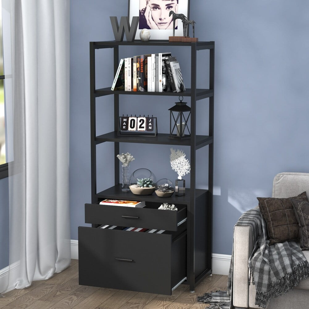 Bookshelf,5-Tier Industrial Bookcase,Display Shelf Decorative Shelf Wood Storage Rack Full Black ...