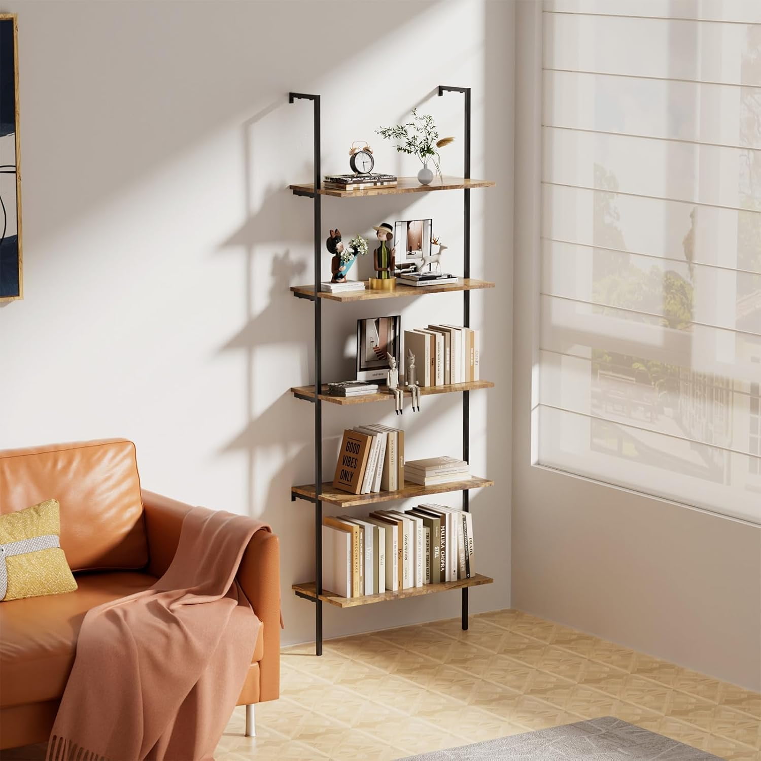 Bookshelf 5-Tier Industrial Ladder Shelf,Brown Shelves Wall Mounted ...