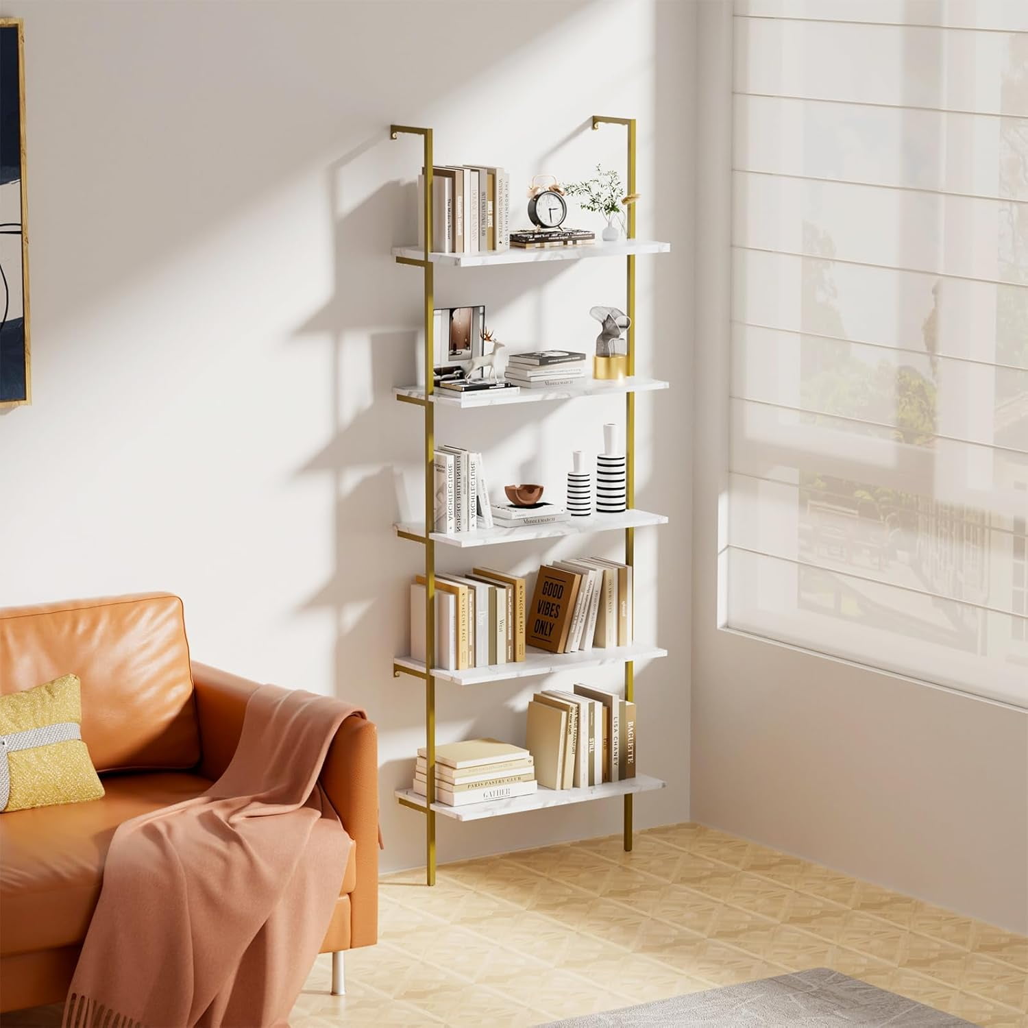 Bookshelf 5-Tier Industrial Ladder Shelf,White Faux Marble Shelves Wall ...