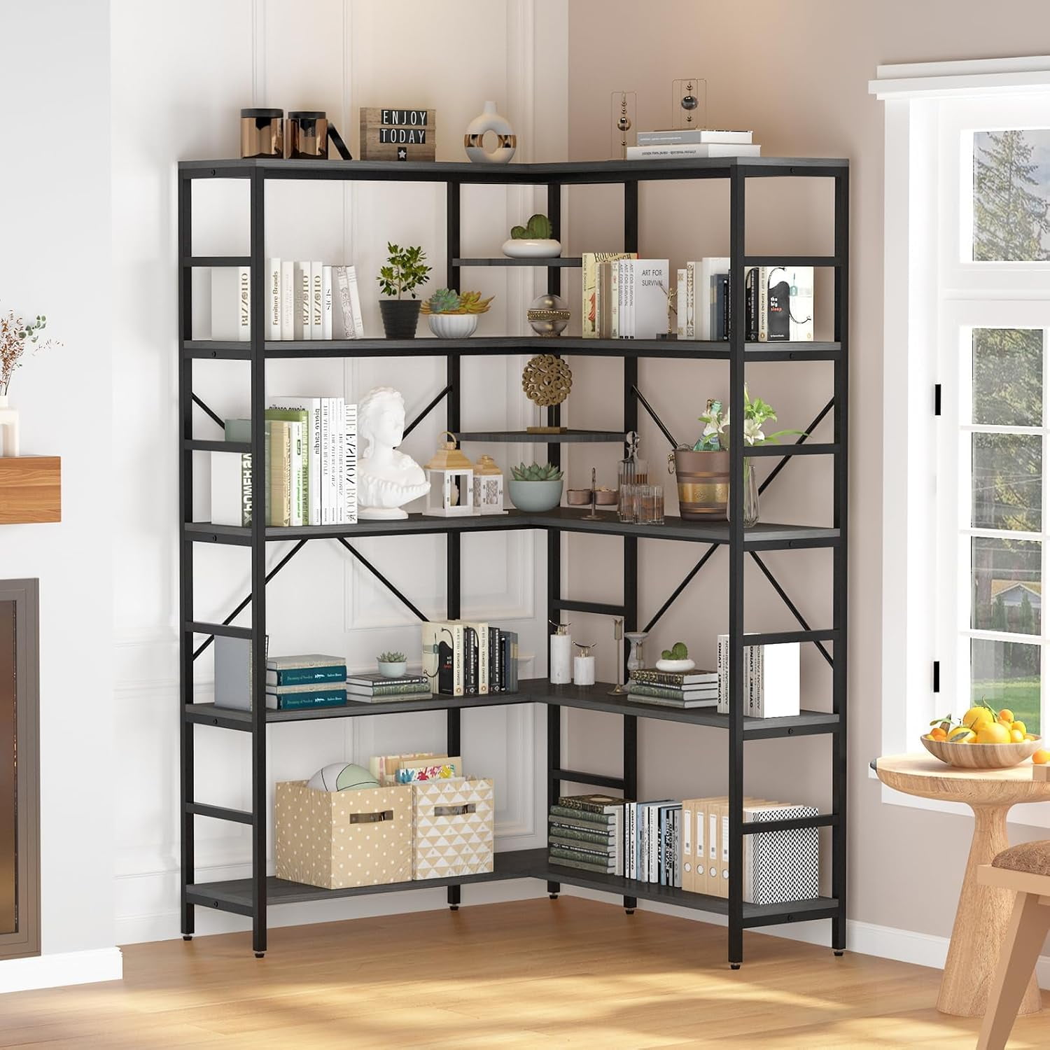 Bookshelf 5 Tier,L Shape Corner Bookshelf,70" Industrial Wooden ...