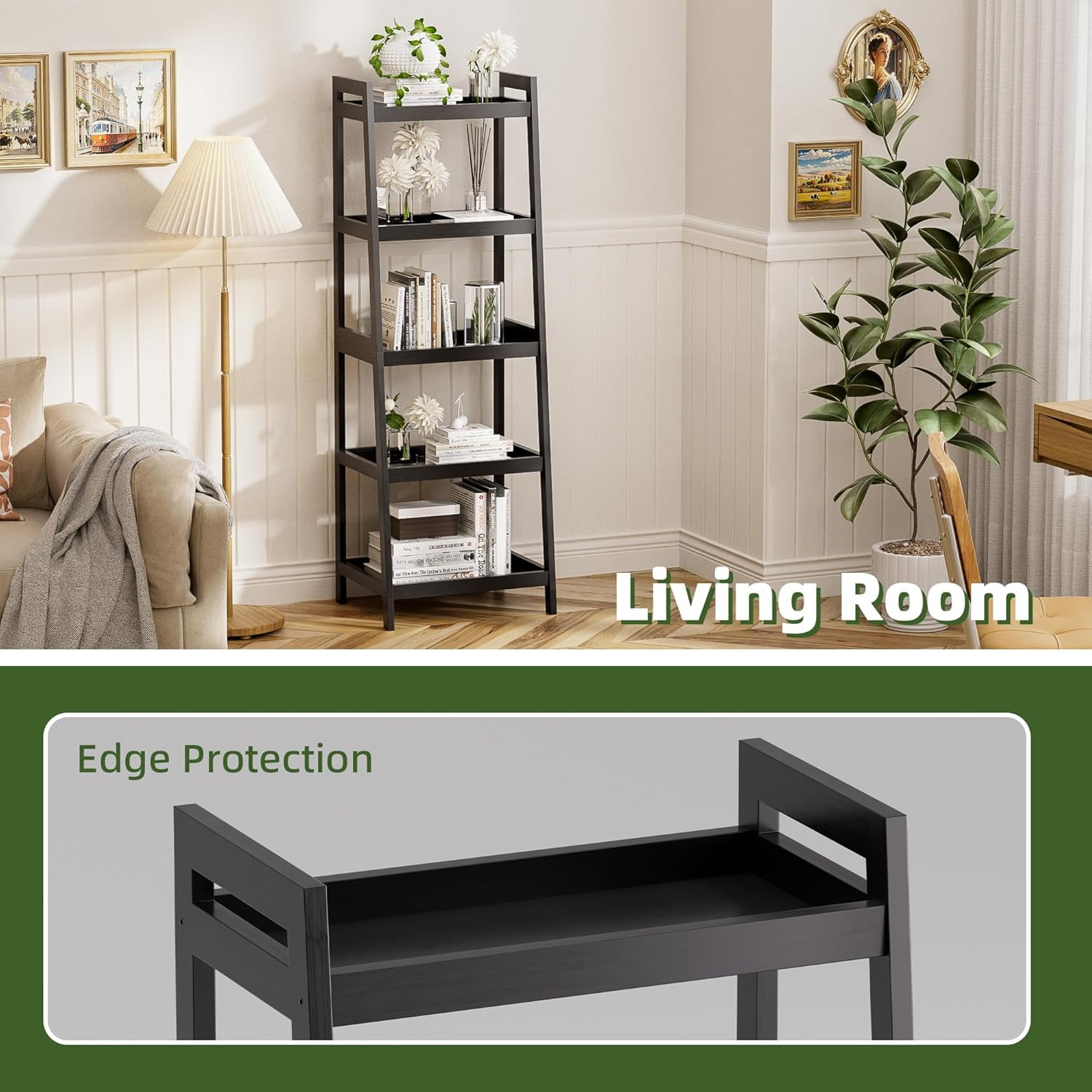 Bookshelf, 5 Tier Ladder Bookcase with Bamboo Frame, Freestanding Tall ...