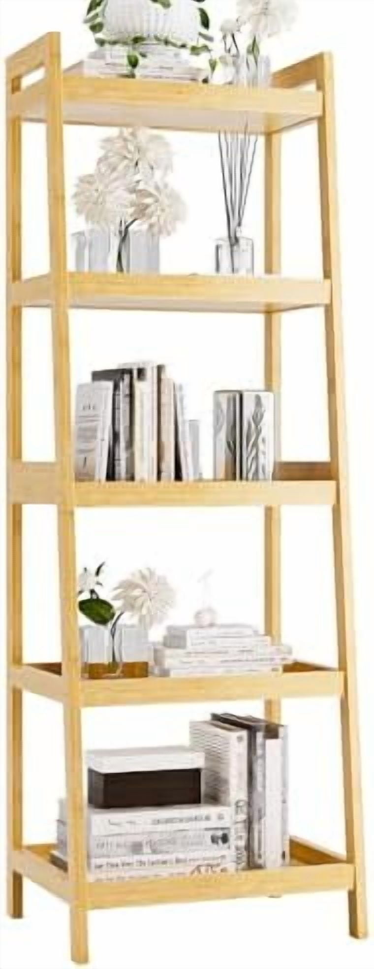 Bookshelf, 5 Tier Ladder Bookcase with Bamboo Frame, Freestanding Tall ...