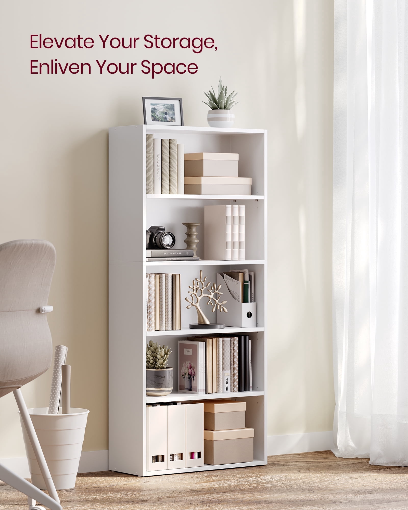 Vasagle White 5-Tier Open Bookcase with Adjustable Shelves, Floor ...
