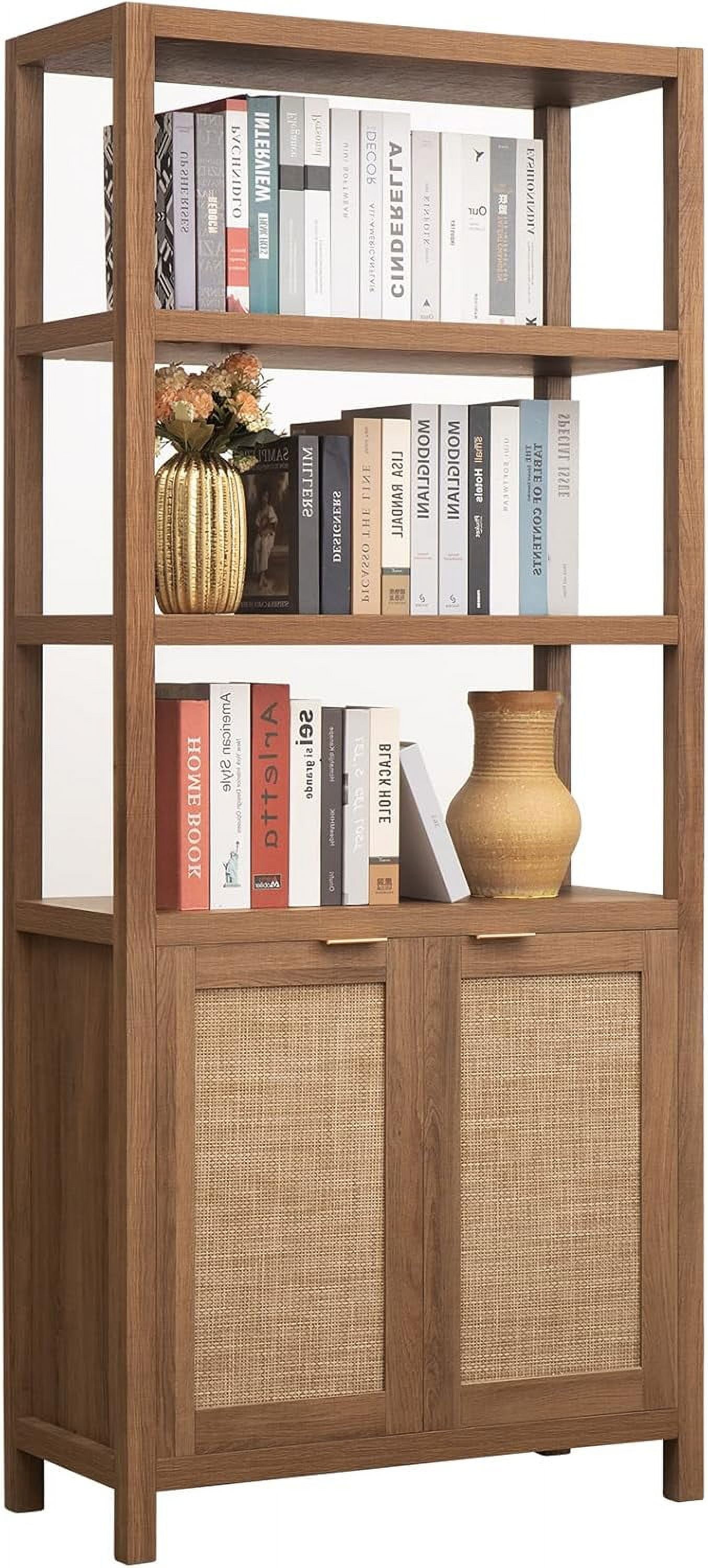 Bookshelf, 5 Tier Rattan Boho Tall Bookcase with Doors Storage Wood ...