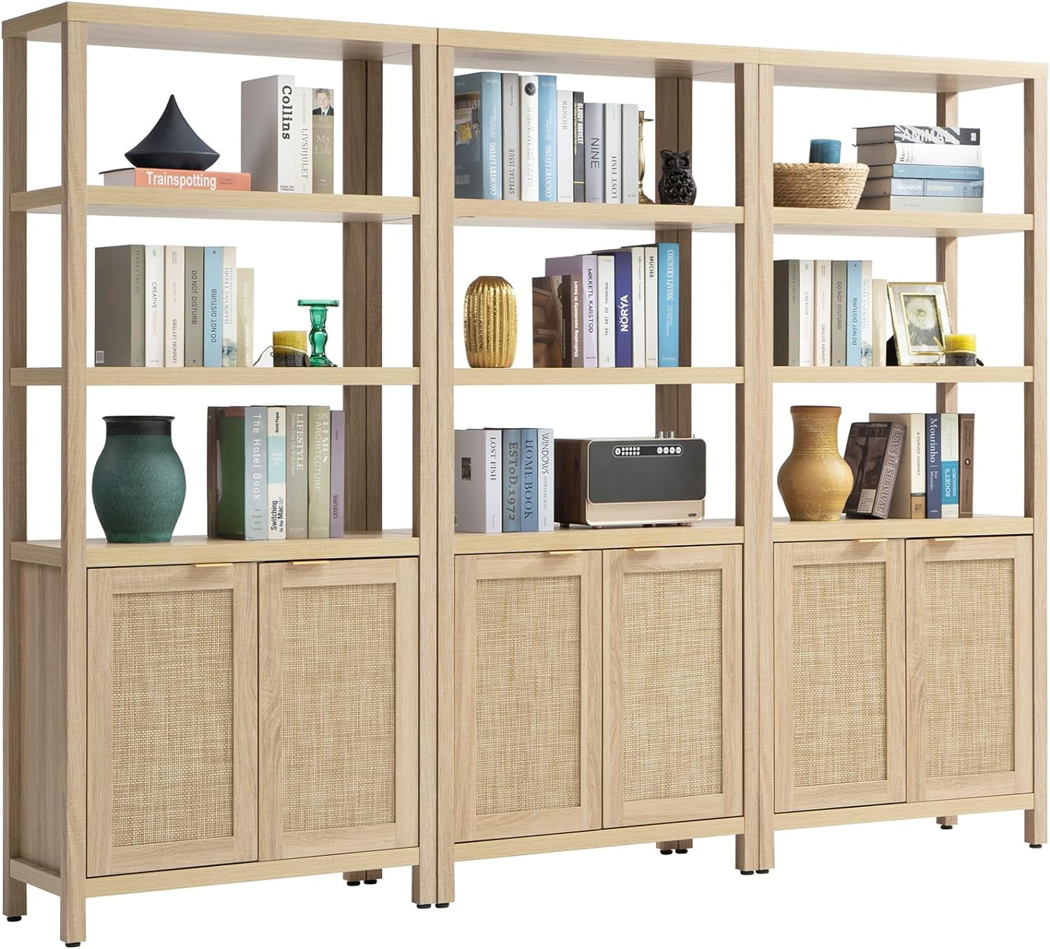 Bookshelf 5 Tier Rattan Boho Tall Bookcase with Doors Storage Wood ...
