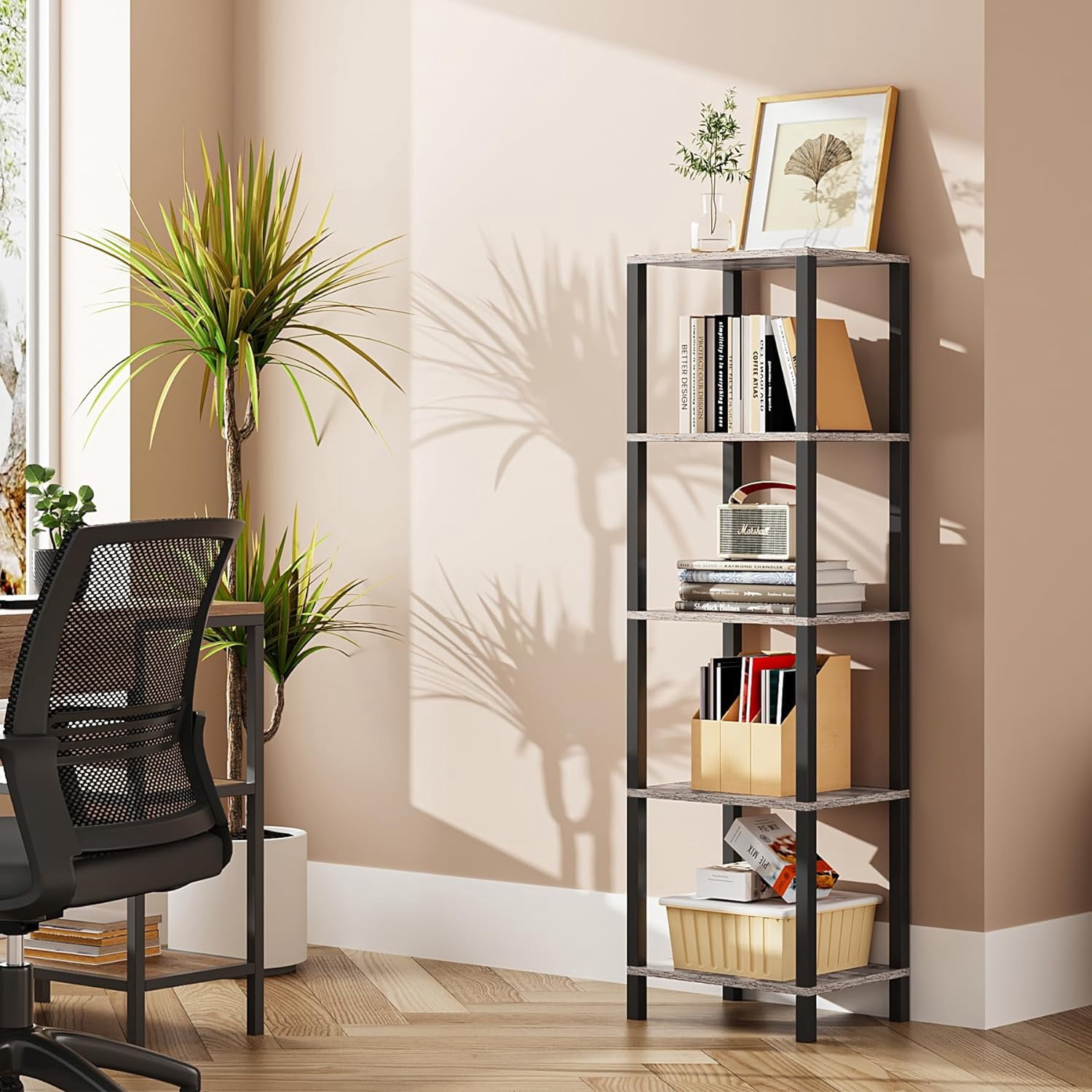 Bookshelf, 5-Tier Tall Book Shelf, Narrow Bookcase for Small Space, DIY ...
