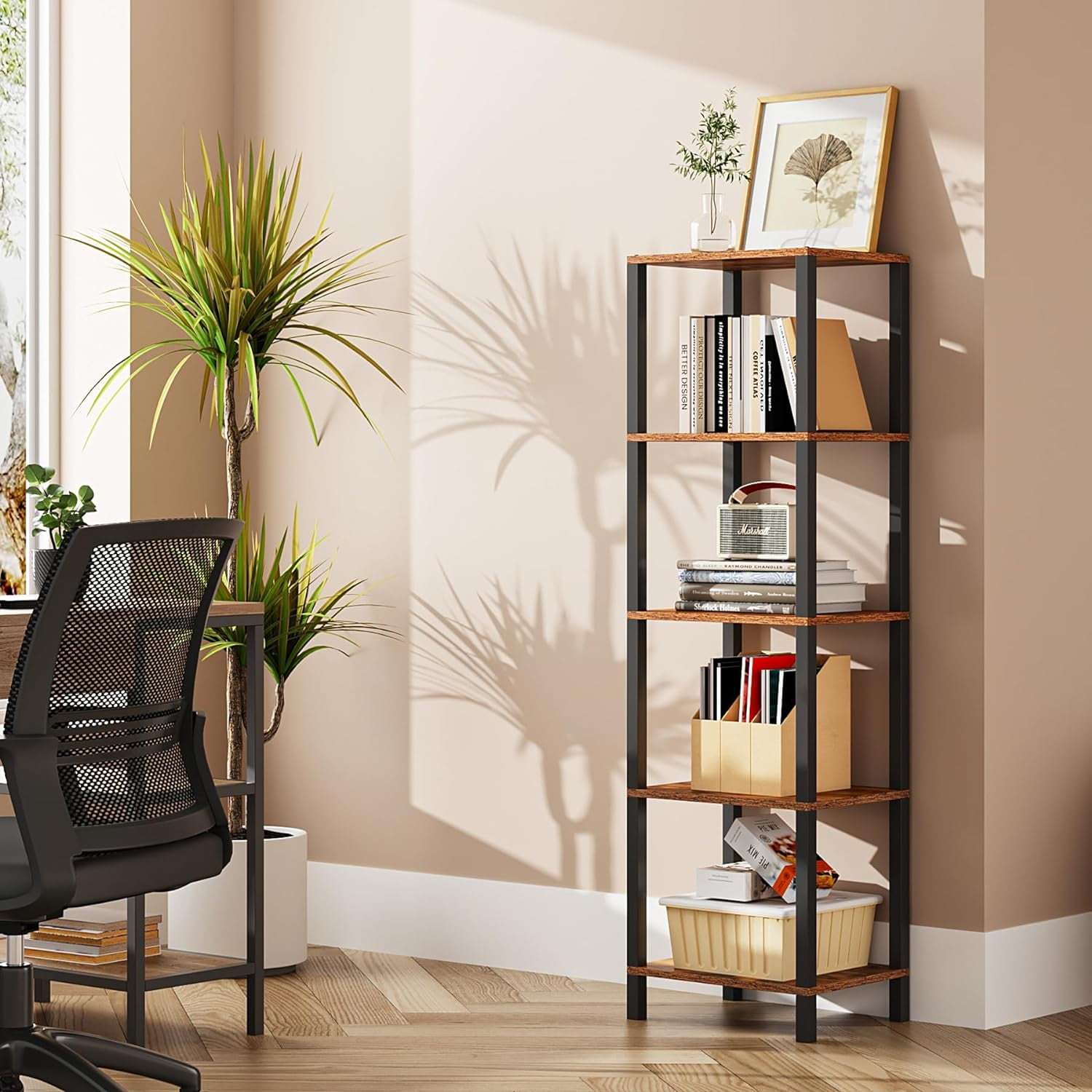 Bookshelf, 5-Tier Tall Book Shelf, Narrow Bookcase for Small Space, DIY ...