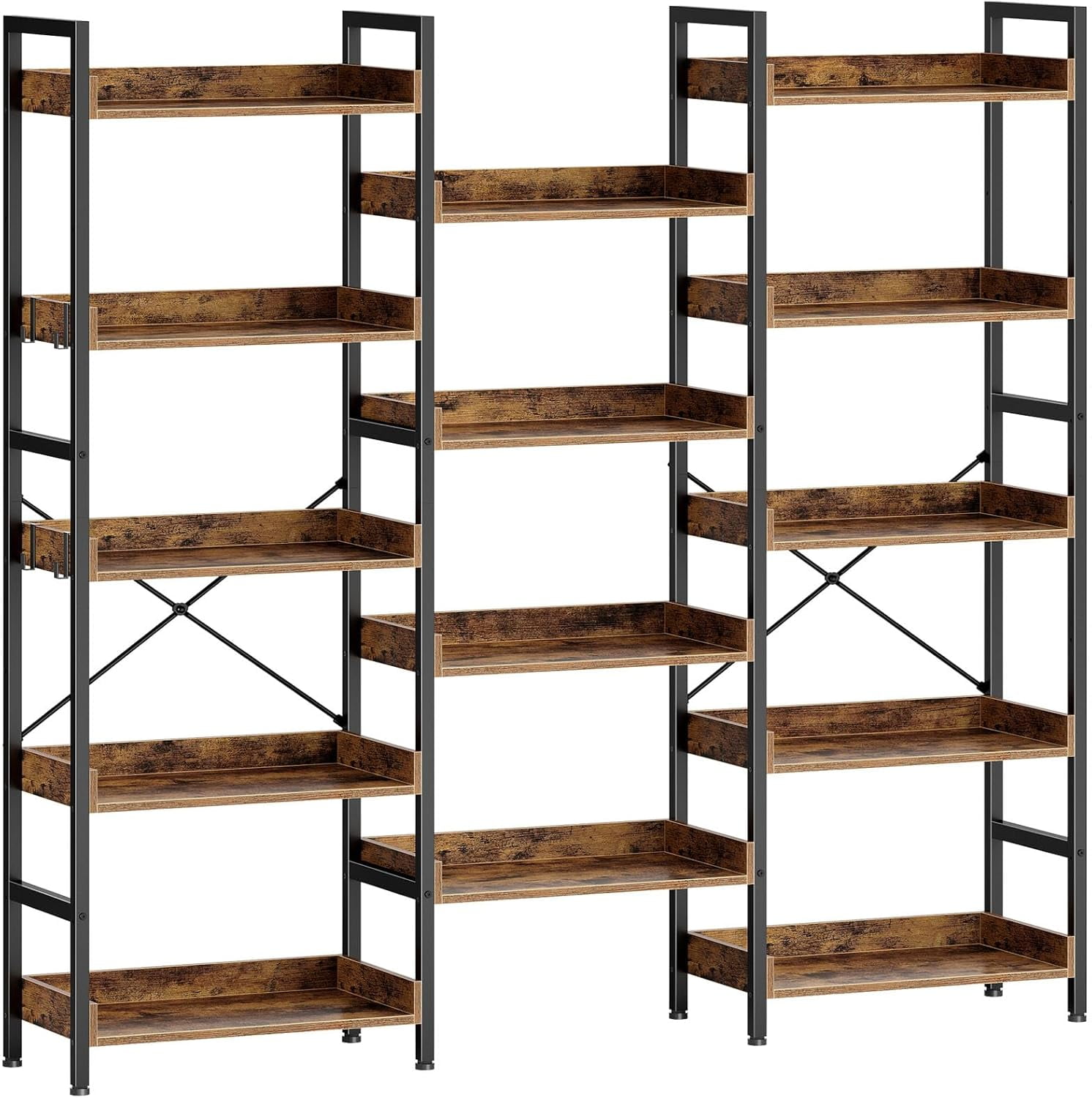 Bookshelf 5 Tiers with 4 Hooks, Triple Bookcase with Open Display ...
