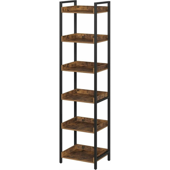 Bookshelf 6 Tier with 4 Hooks Industrial Wood Bookcase Vintage Storage ...