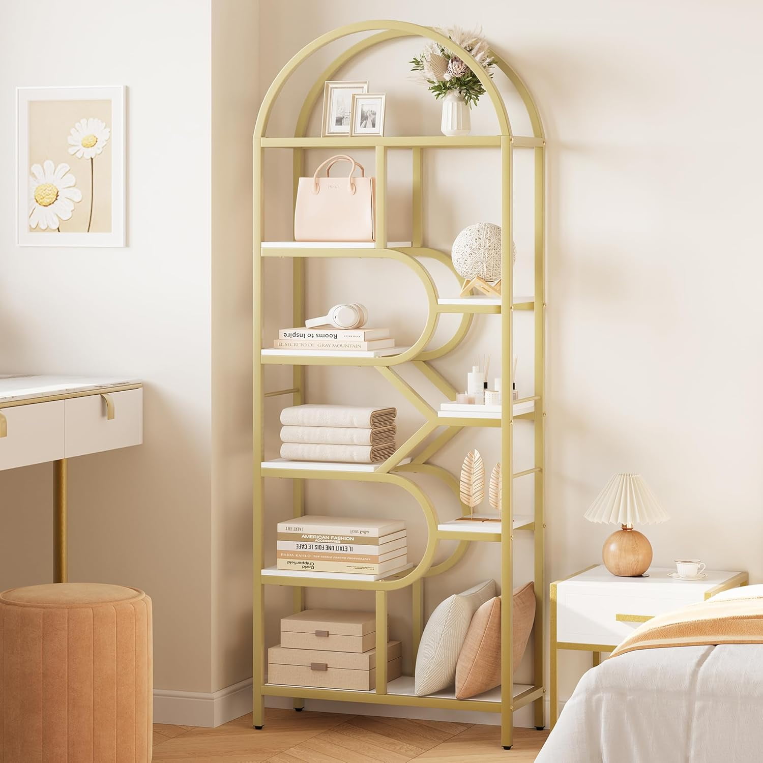Bookshelf 6 Tier Arched Bookcase 81.7in Tall Display Racks Geometric ...