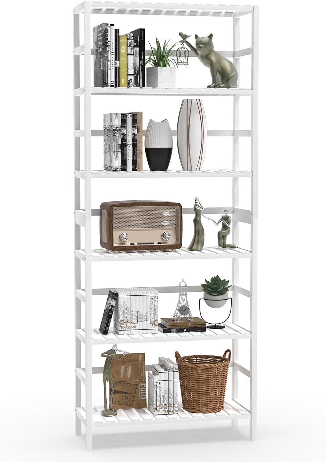 Bookshelf,6 Tier Bamboo Adjustable Bookshelves,Tall Bookcase Shelf ...