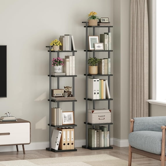 Bookshelf, 6-Tier Bookcase, Vertical Tall Narrow Book Shelf for Small ...