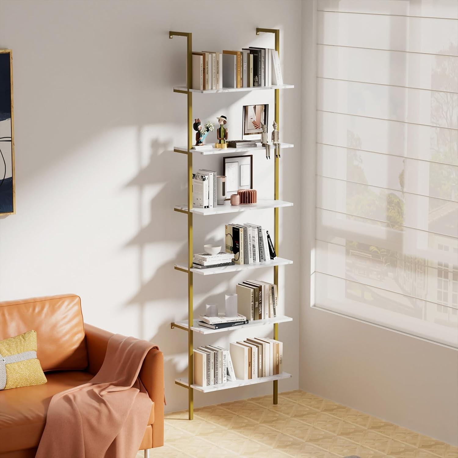 Bookshelf 6-Tier Industrial Bookcase,White Faux Marble Shelves Wall ...