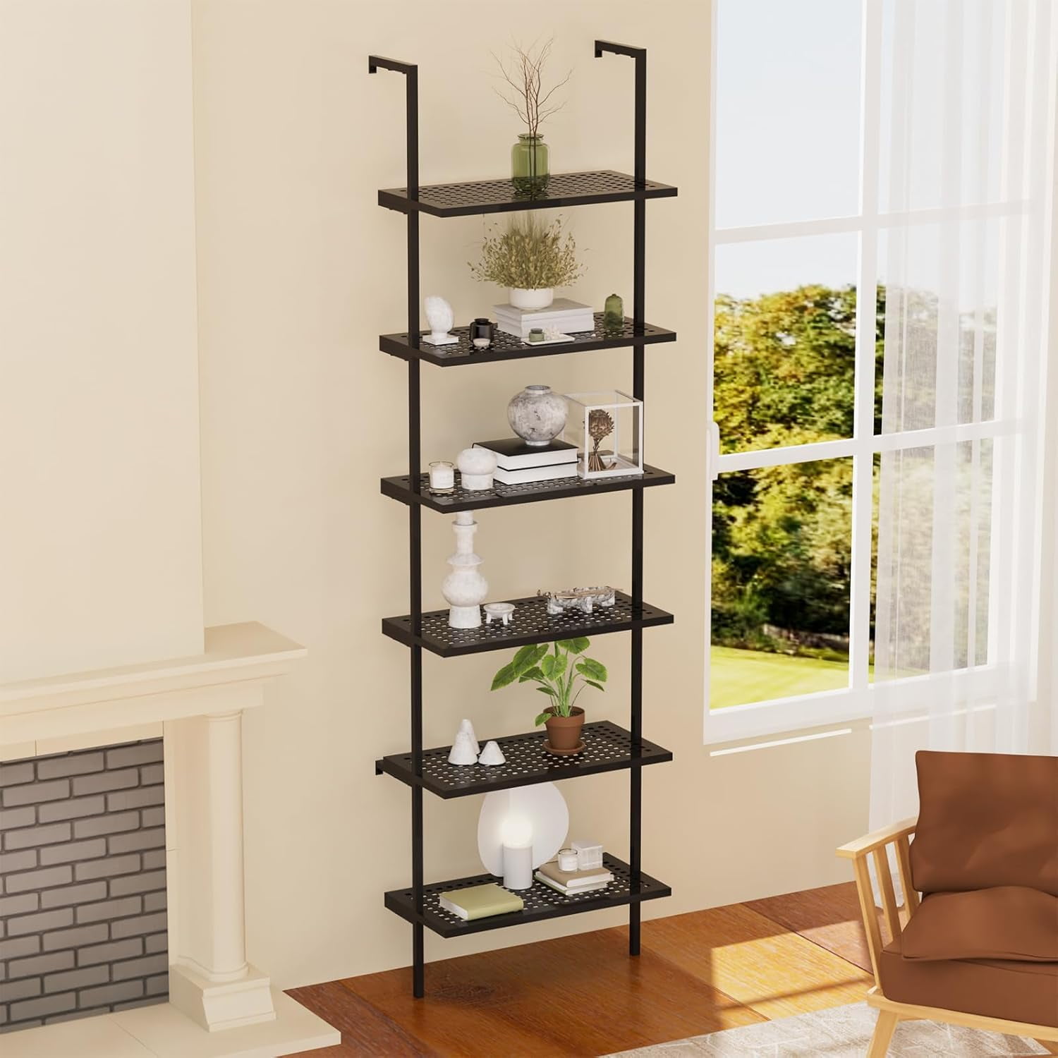 Bookshelf 6-Tier Industrial Ladder Shelf,Black Metal Shelves Wall ...
