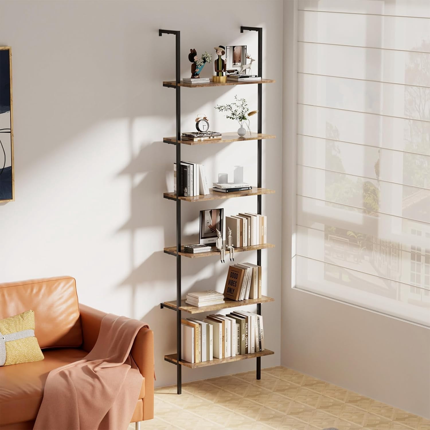 Bookshelf 6-Tier Industrial Ladder Shelf,Brown Shelves Wall Mounted ...