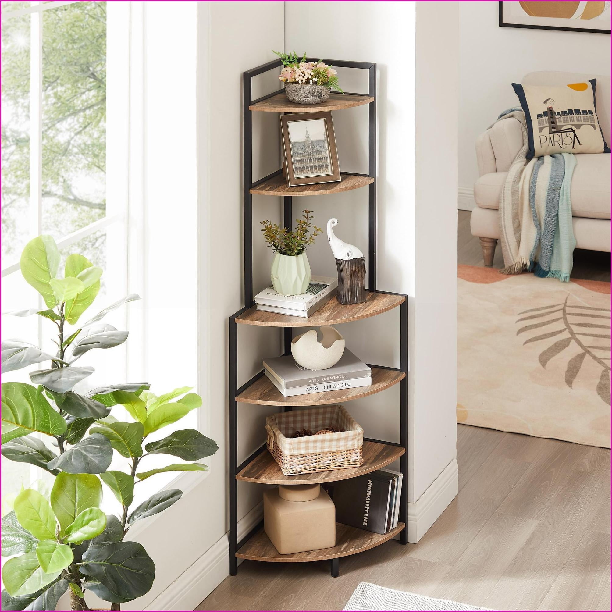Bookshelf, 6-Tier Rustic Walnut Brown Wood Corner Open Shelf | Space ...