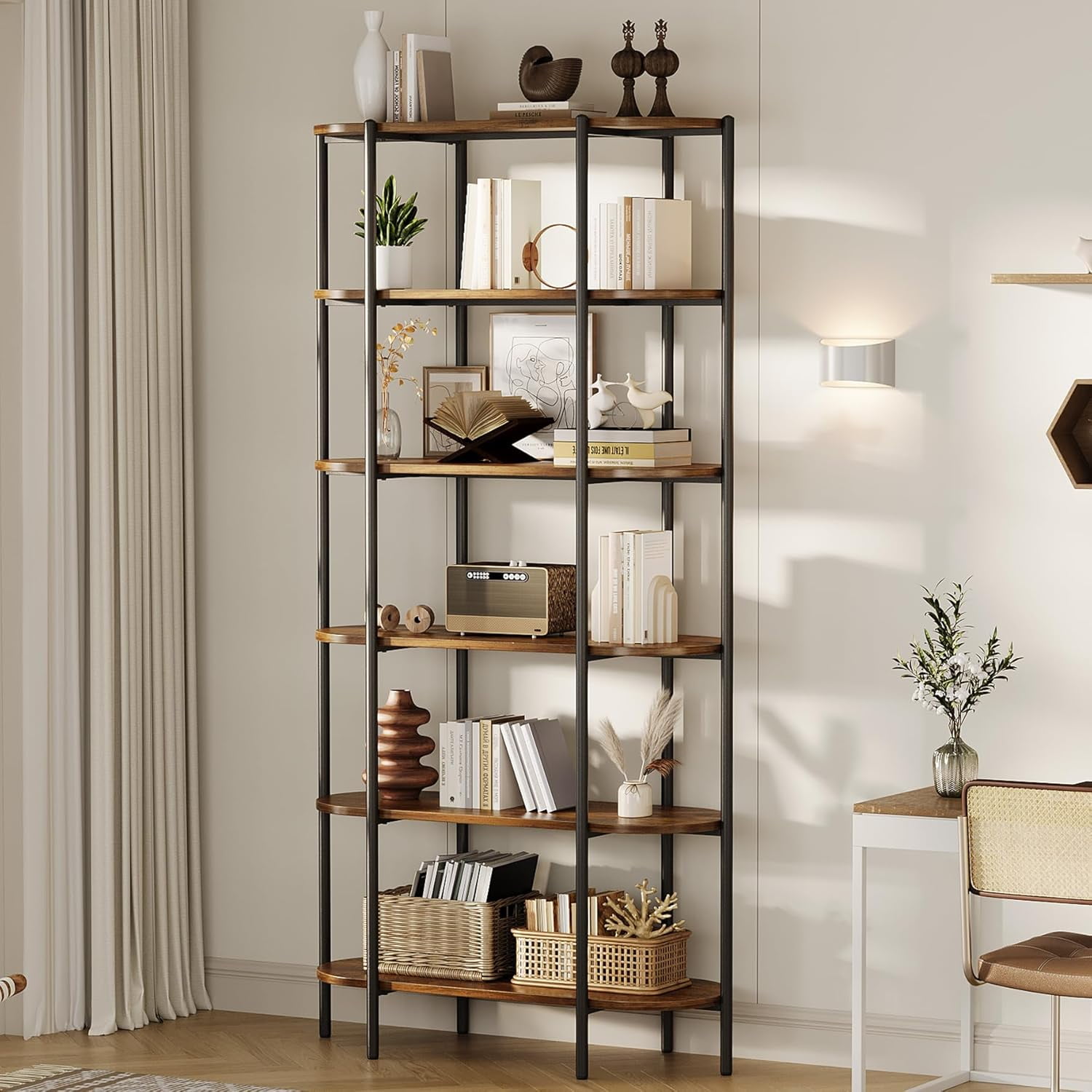 Bookshelf 6 Tier Tall Bookcase Industrial Bookshelves Oval Vintage ...