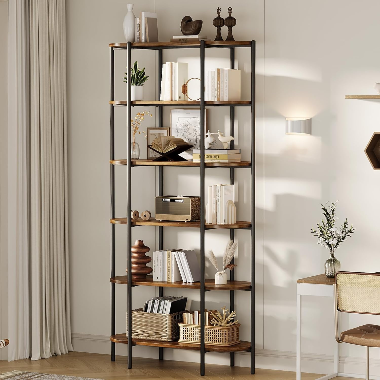 Bookshelf 6 Tier Tall Bookcase Industrial Bookshelves Oval Vintage ...