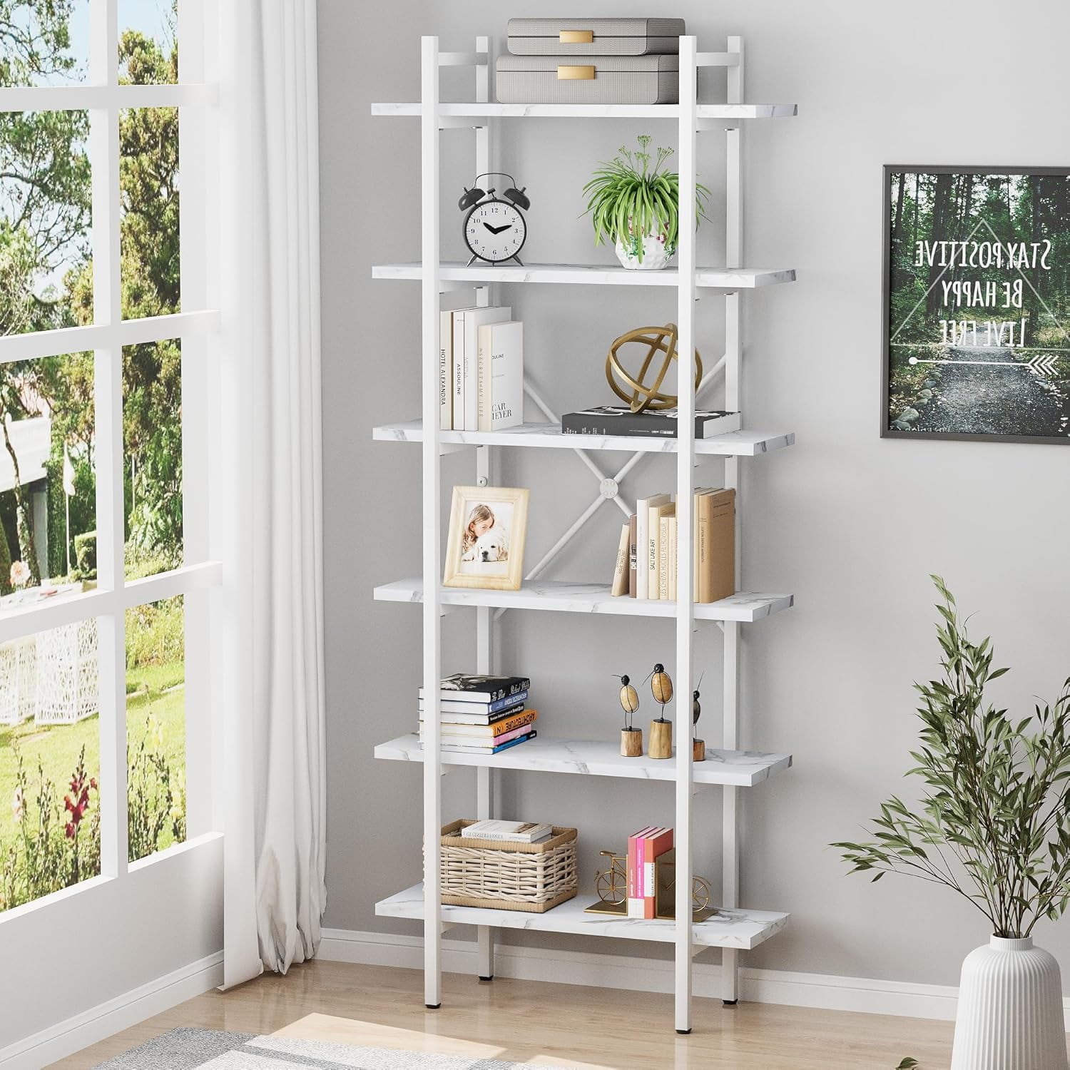 Bookshelf 6 Tiers White Wooden Storage Shelf,Modern Open Display ...