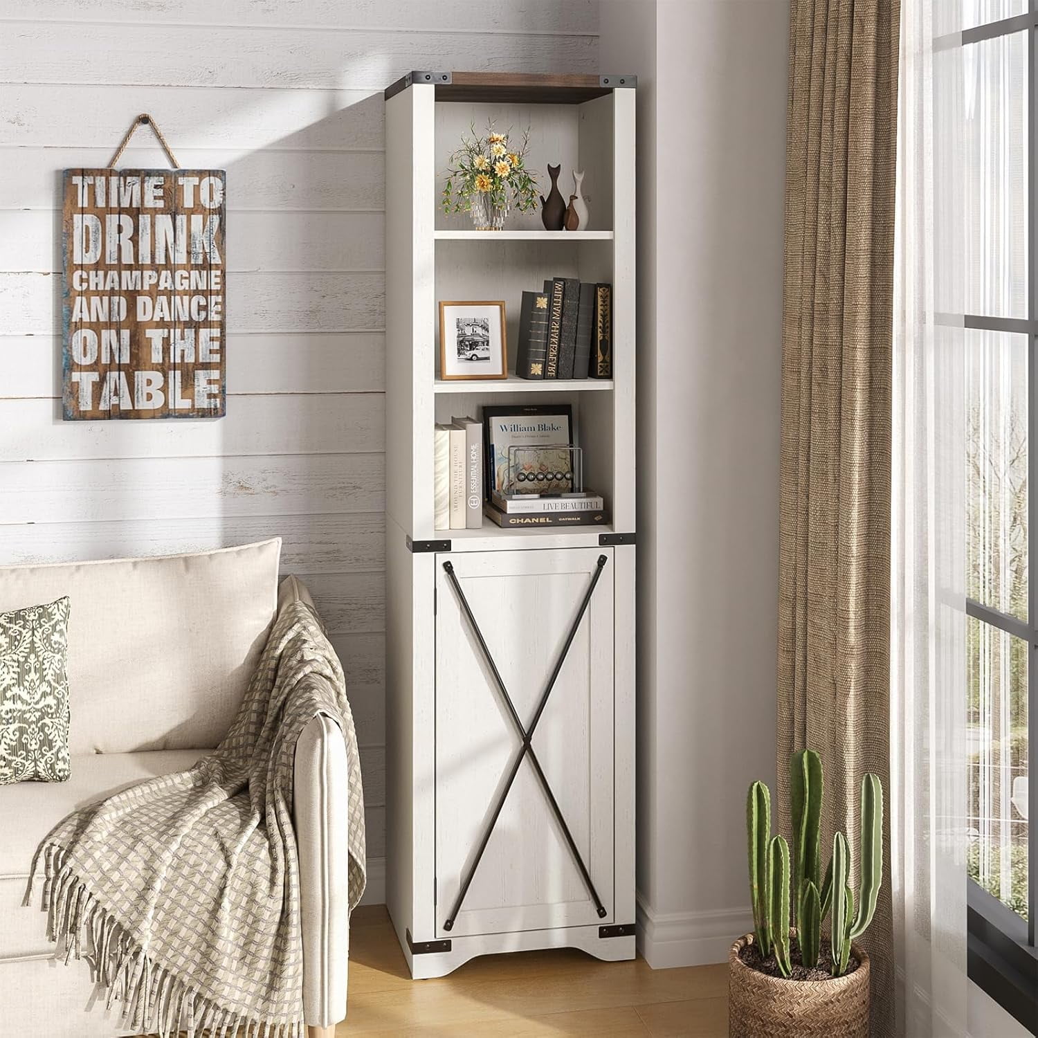Bookshelf, 67'' Tall Narrow Bookcase with Metal X Barn Door, Antique ...
