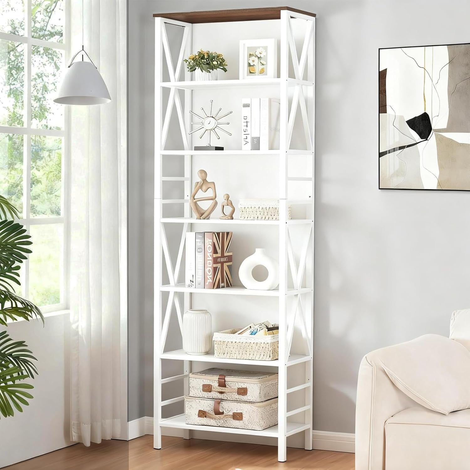 Bookshelf, 7-Tier Bookshelf, Rustic Wood Metal Bookshelves and ...