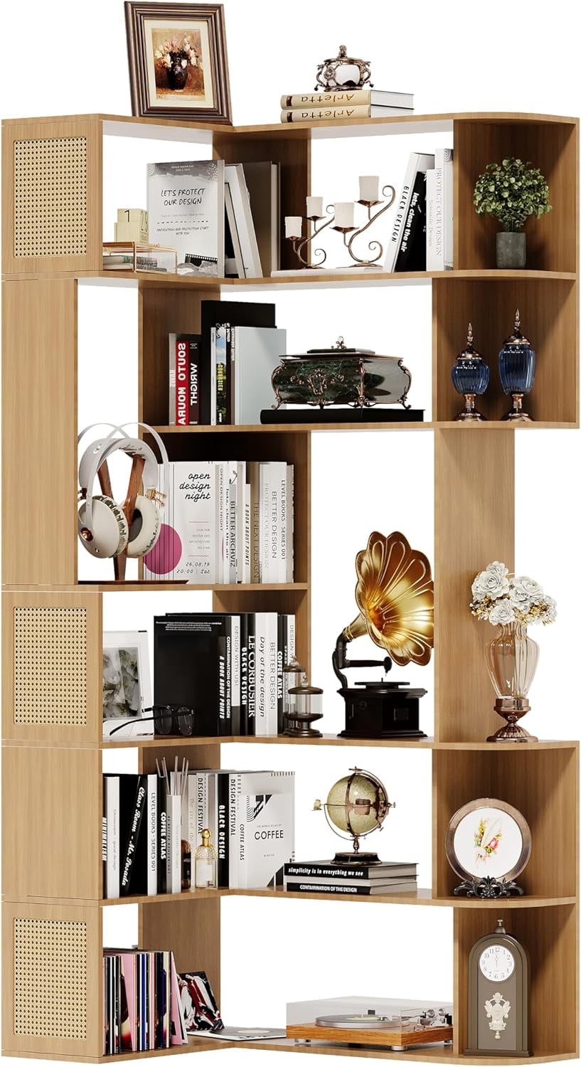 Bookshelf 7-Tier,Farmhouse Corner Shelf,Tall Book Shelf L-Shaped Shelf ...