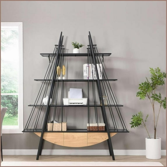 Bookshelf, 70.87 Inch Sailboat-Inspired Industrial 4-Tier with Drawer ...
