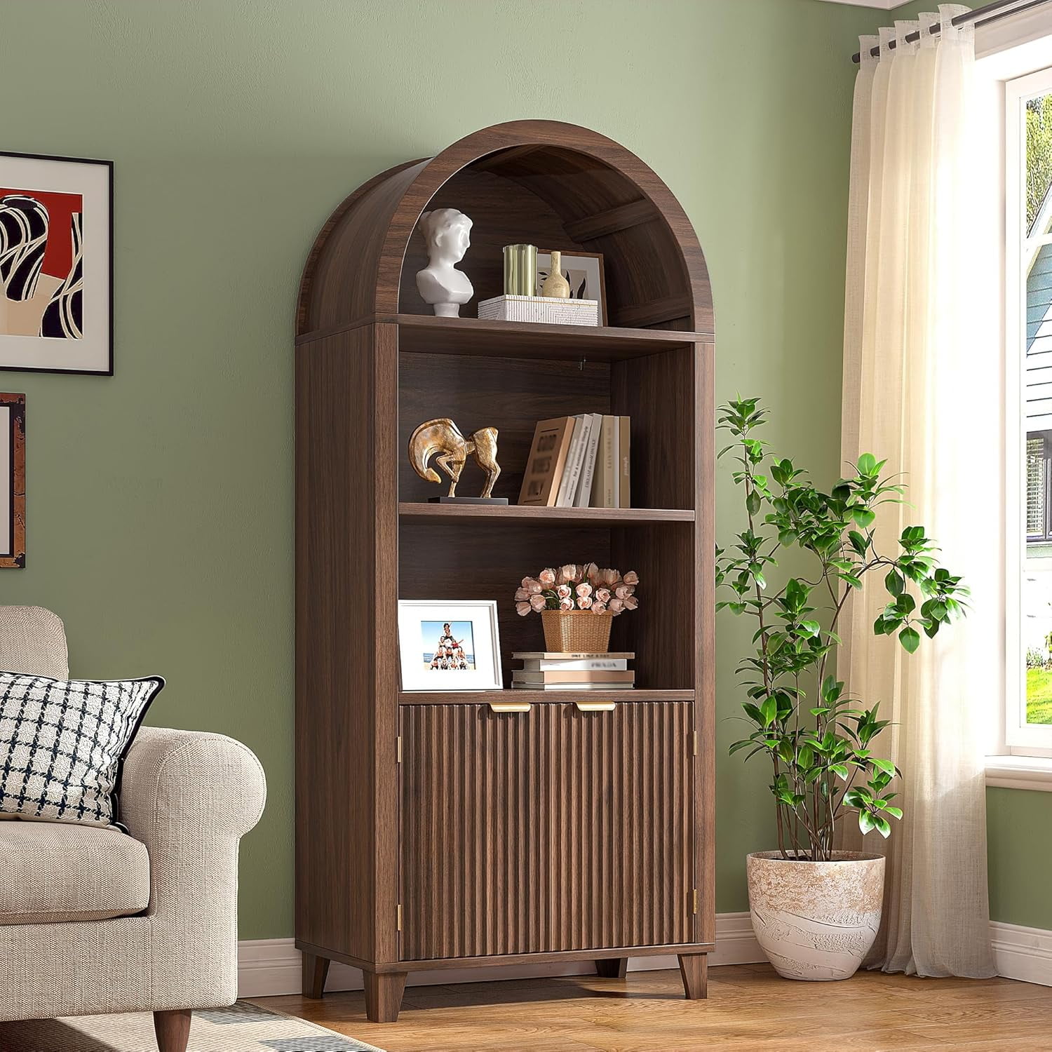 Bookshelf Arched Cabinet,5-Tier Arched Bookcase with Fluted Doors and ...