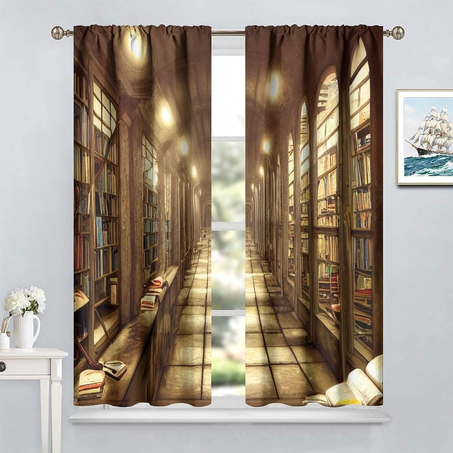 Bookshelf Blackout Curtains, 3D Retro Mid-Century Library Books Wooden ...