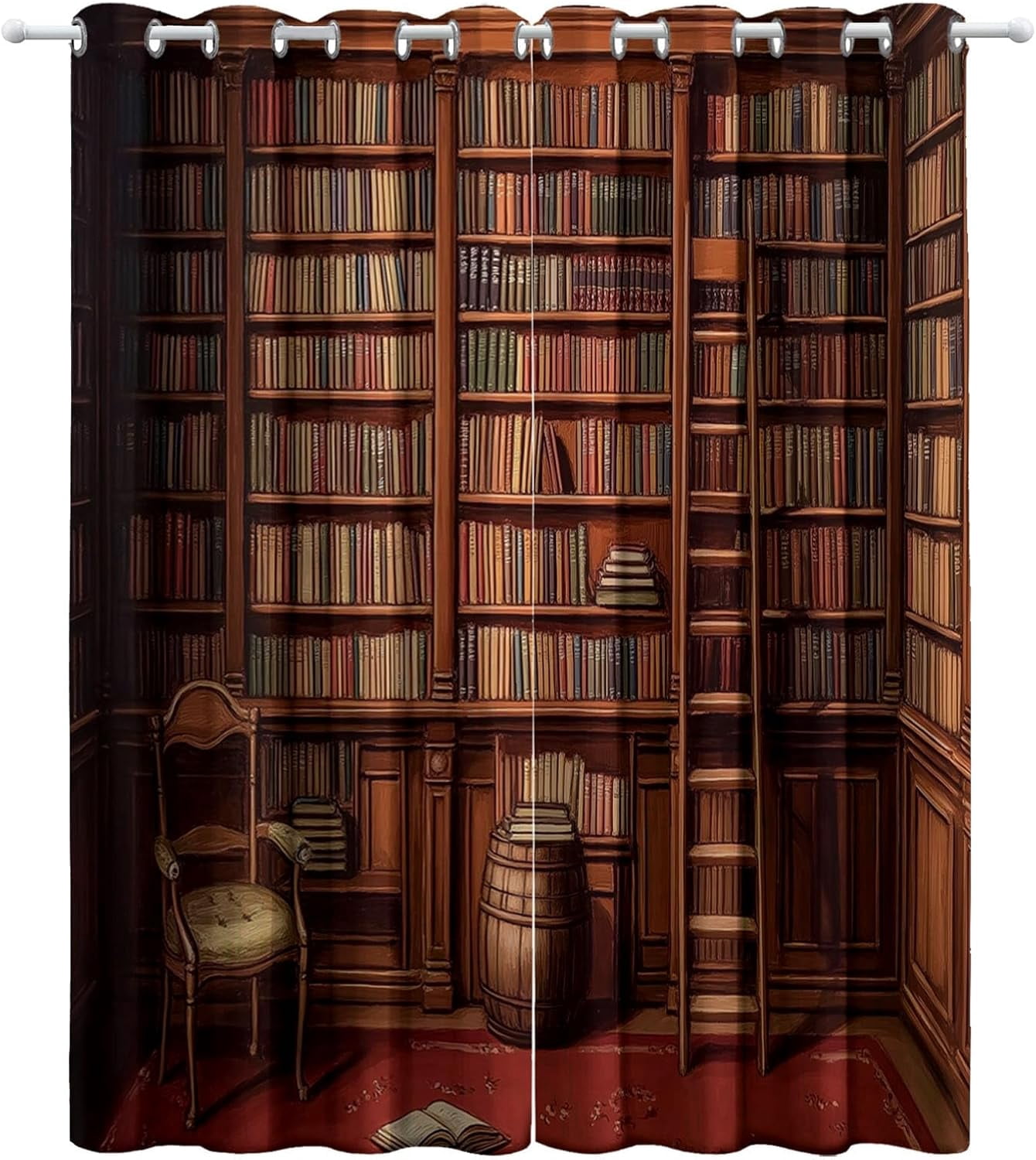 Bookshelf Blackout Curtains, Retro Chair Wood Texture Window Drapes for ...
