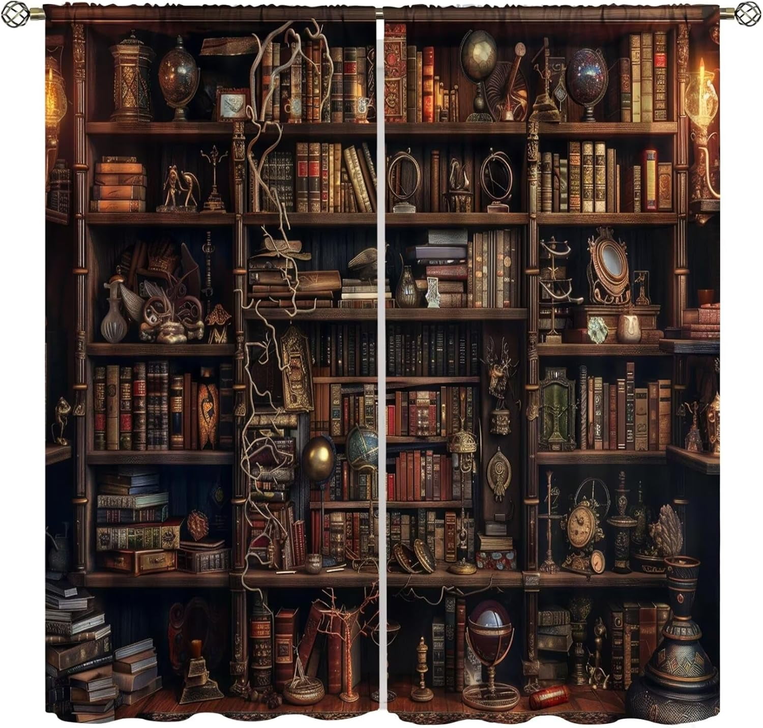 Bookshelf Blackout Curtains, Retro Library Vintage Bookcase Wooden ...